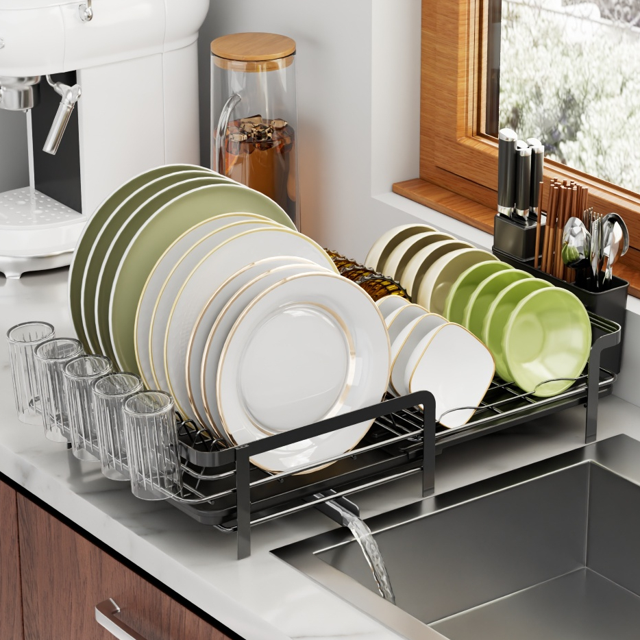 Kitchen Stainless Dish Organizer Black Retractable Dish Drainer Rack ...