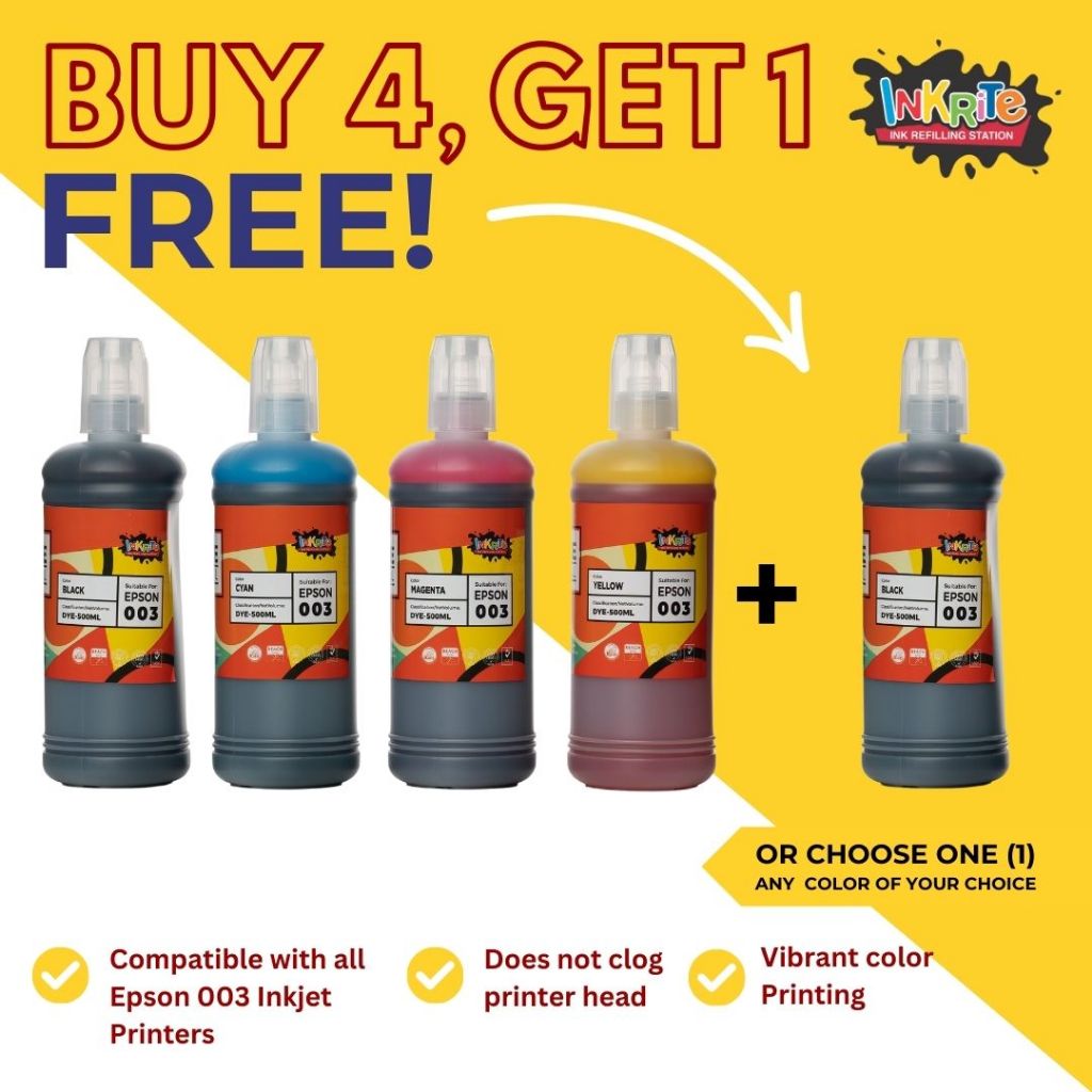 [BUY 4 GET 1 FREE] Inkrite Dye Ink for Epson 003 Inkjet Printers, 500ml ...