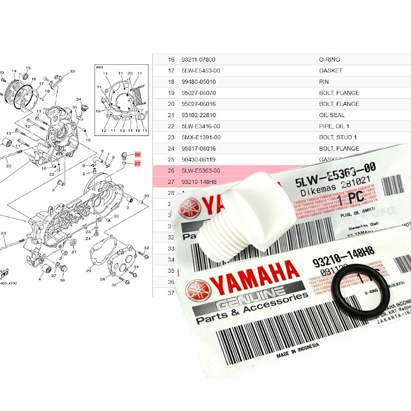GEAR OIL, PLUG (Gear Oil Bolt) | ORING MIO/M3 5LW-E5363-00 | 93210 ...