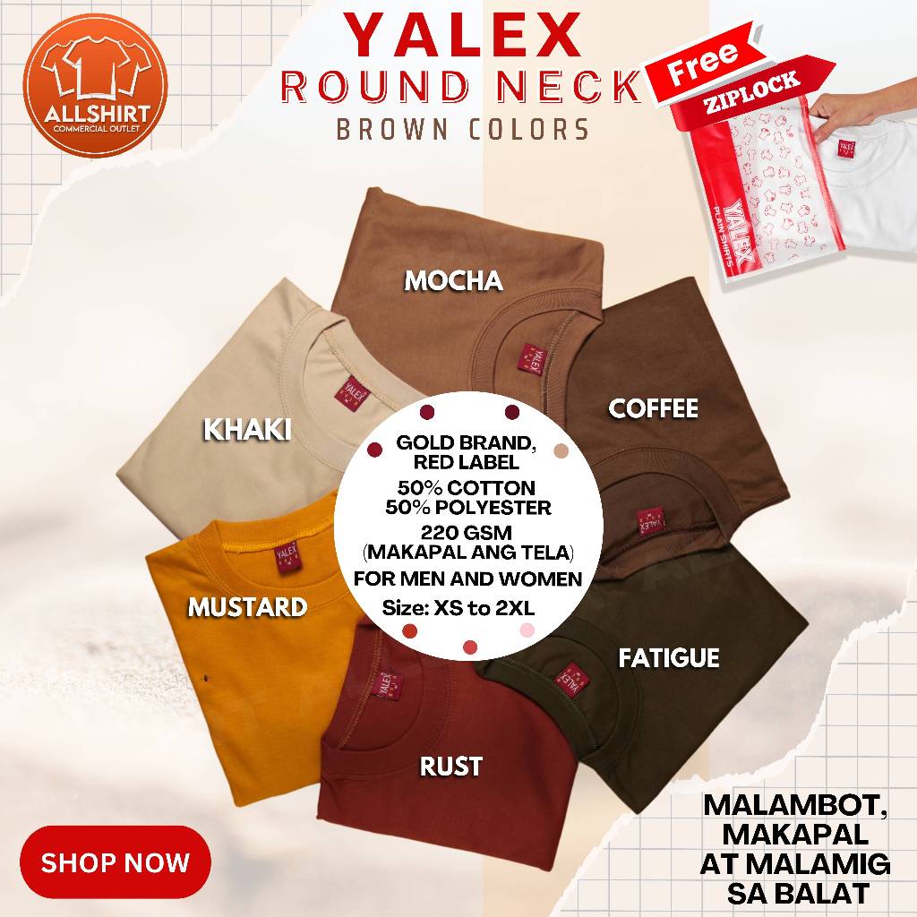 FREE ZIPLOCK! YALEX T-Shirt BROWN COLORS Round Neck Red Label Gold Tag ...