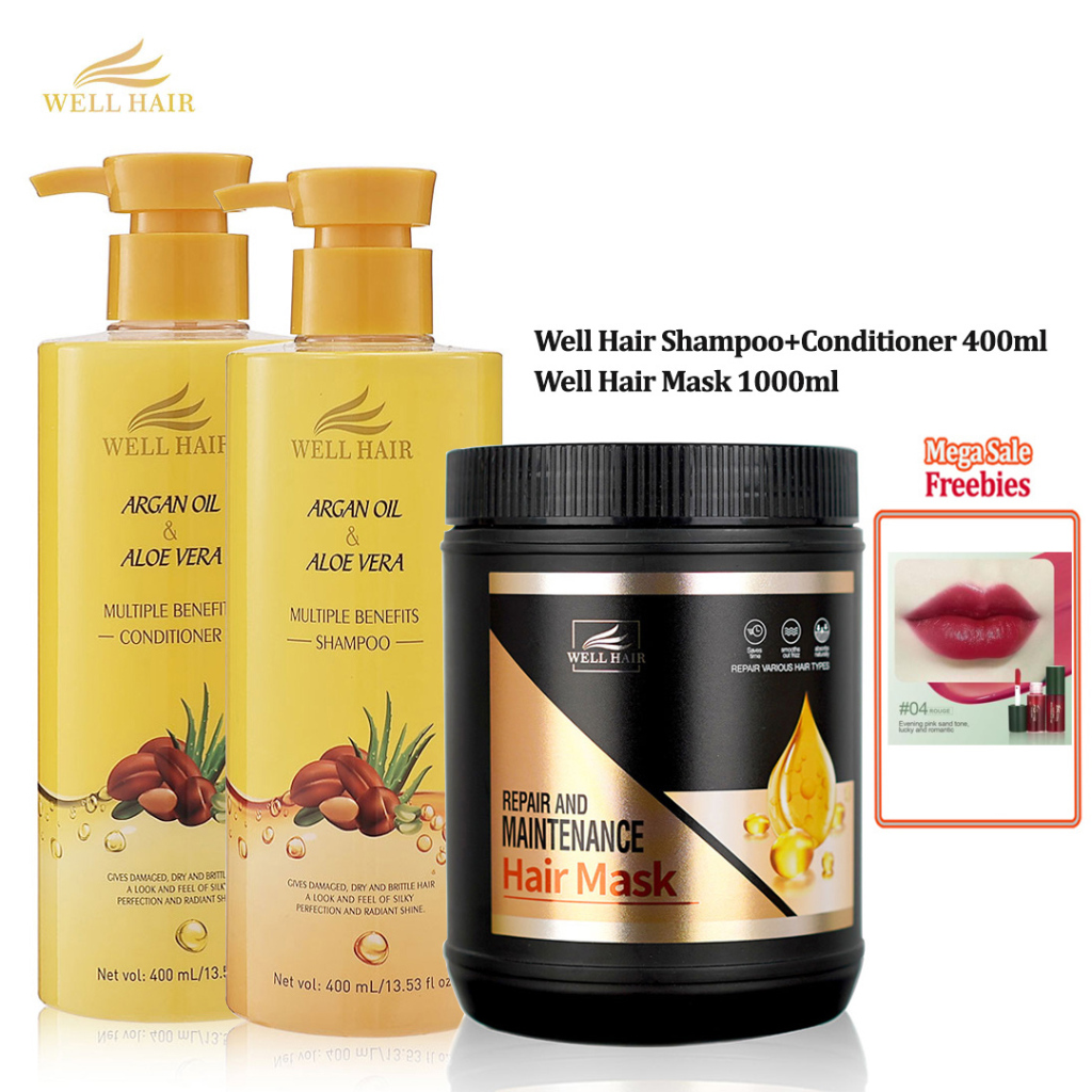Well Hair Mask 1000ml with Well Hair Dual Essence Argan Oil & Aloe Vera ...