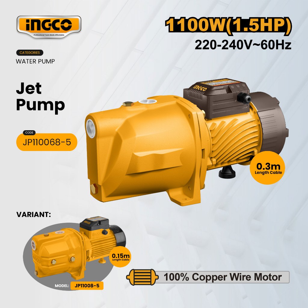 Ingco 1.5HP 1100W Electric Jet Pump Self Priming Water Transfer System ...