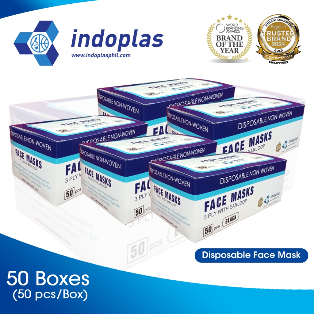 Indoplas Disposable Face Mask 3-Ply Earloop- Black - 5 boxes (250 pcs ...