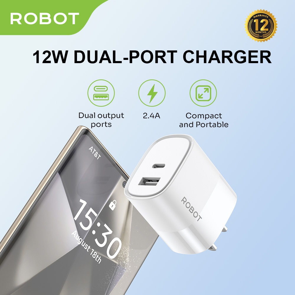 ROBOT RT-PC112W Dual Port Charger 2.4A Adaptor with Dual Port Type C ...