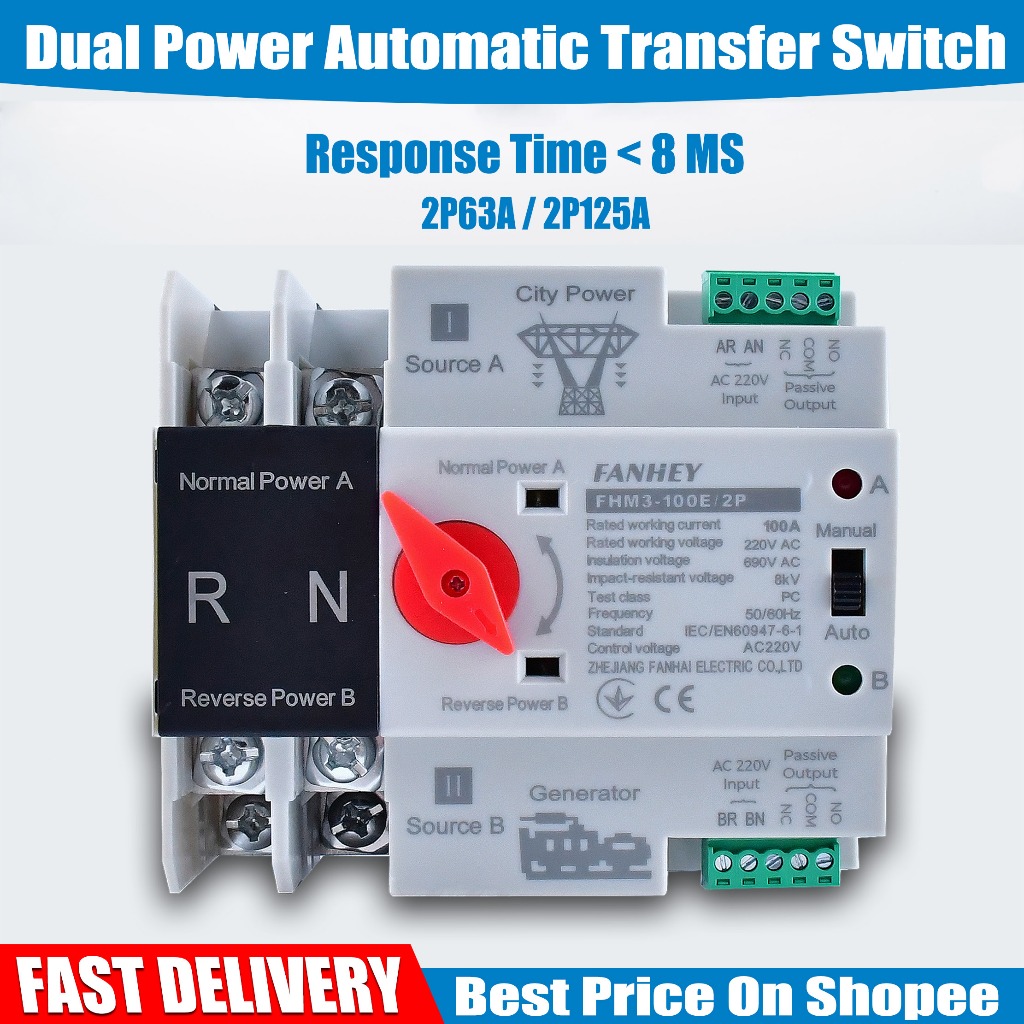 2P Din Rail ATS Dual Power Automatic Transfer Switch Electrical Selector Uninterrupted Power ...