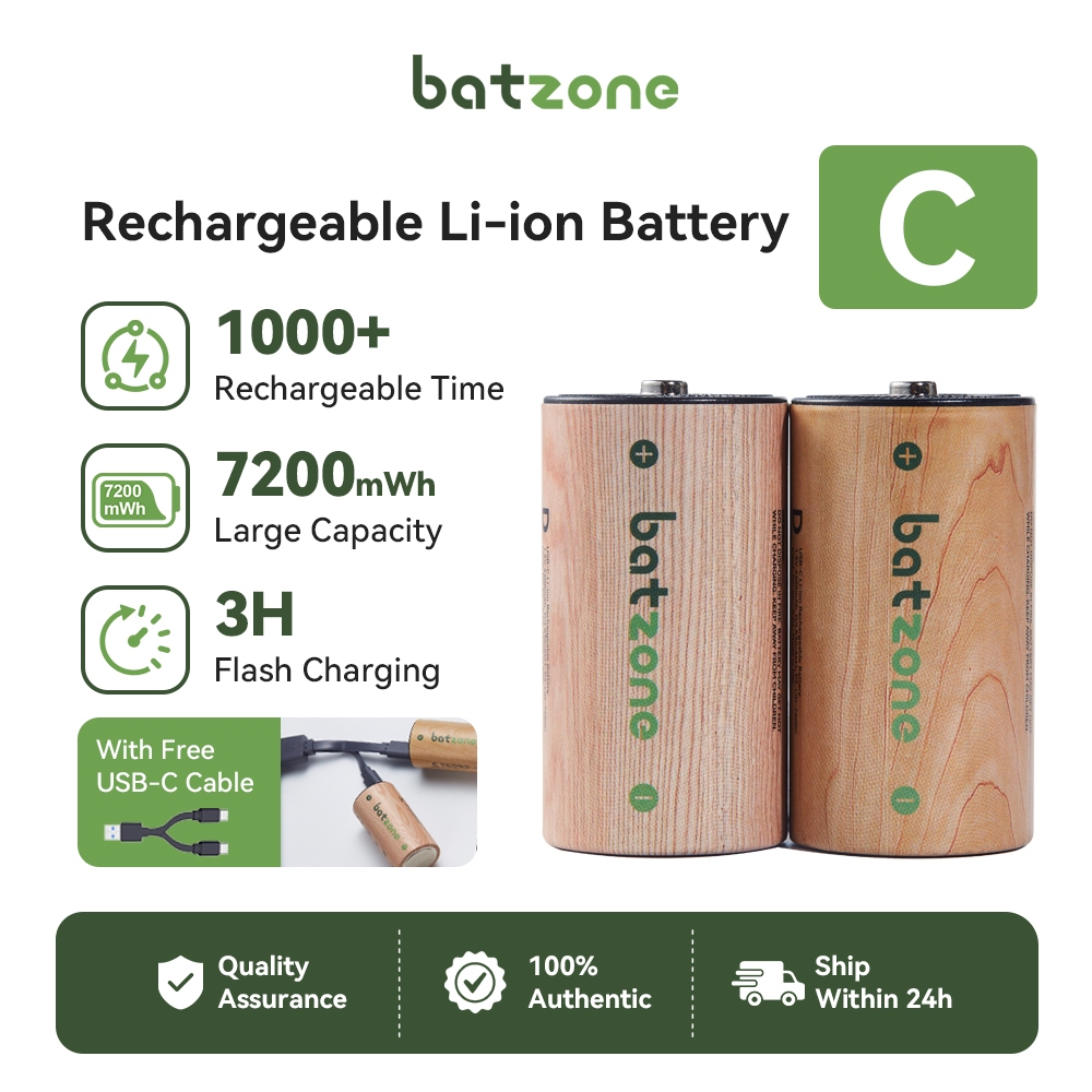 batzone 1.5V C Li-ion Rechargeable Battery USB-C Charging 3H Flash ...