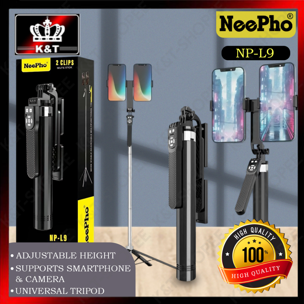 NeePho NP-L9 Dual Phone Holder Selfie Universal Tripod 2 Clips Selfie ...