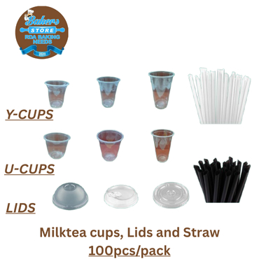 100pcs Plastic Y-cups/ Milk Tea Cups 95mm with Lids and Straw ...