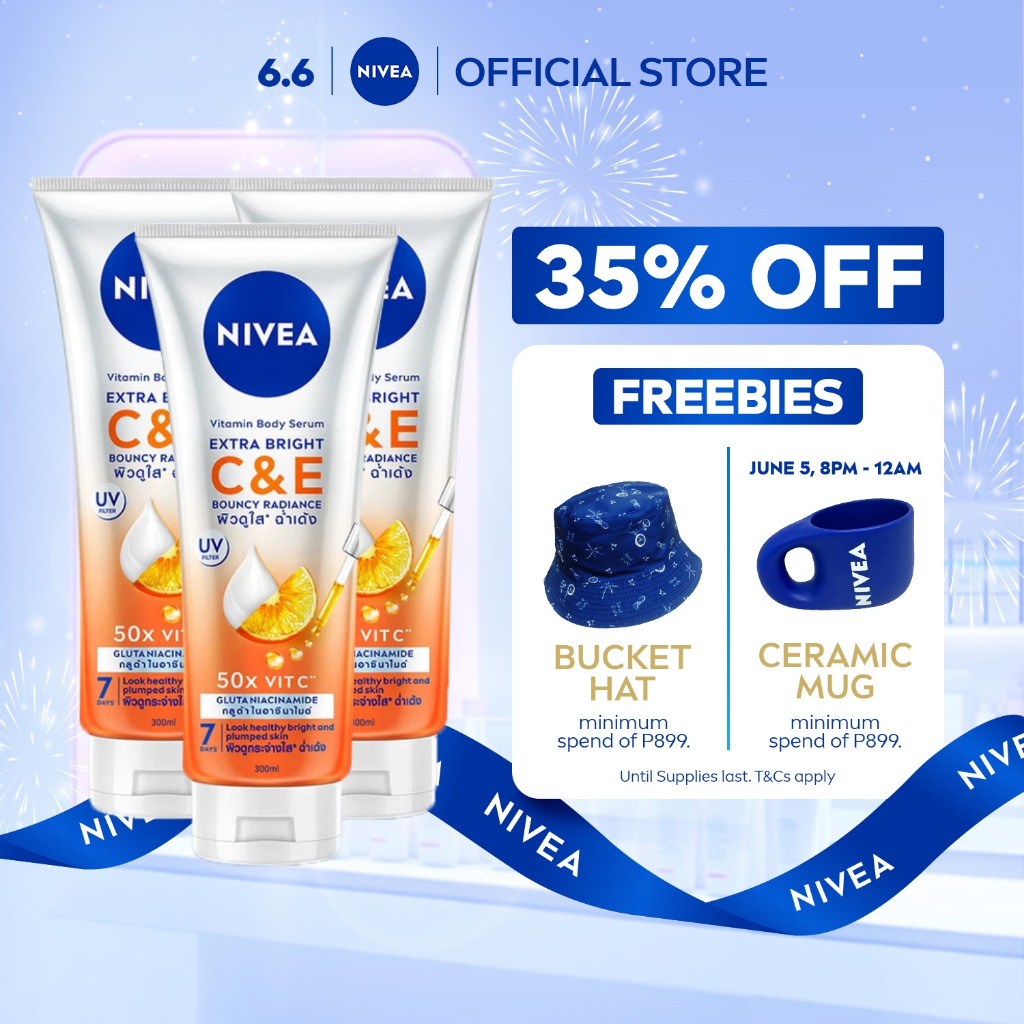 PACK OF 3 NIVEA Body Extra Bright C&E Vitamin Body Serum with Glutathione & Niacinamide, 300ml ...