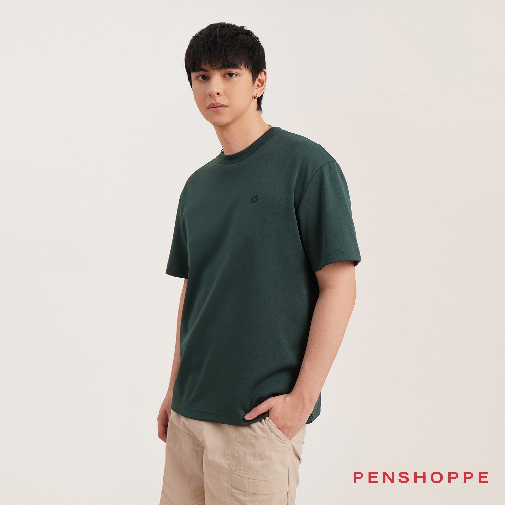 Penshoppe Relaxed Fit T-Shirt with Ps Embroidery For Men (Bottle Green ...