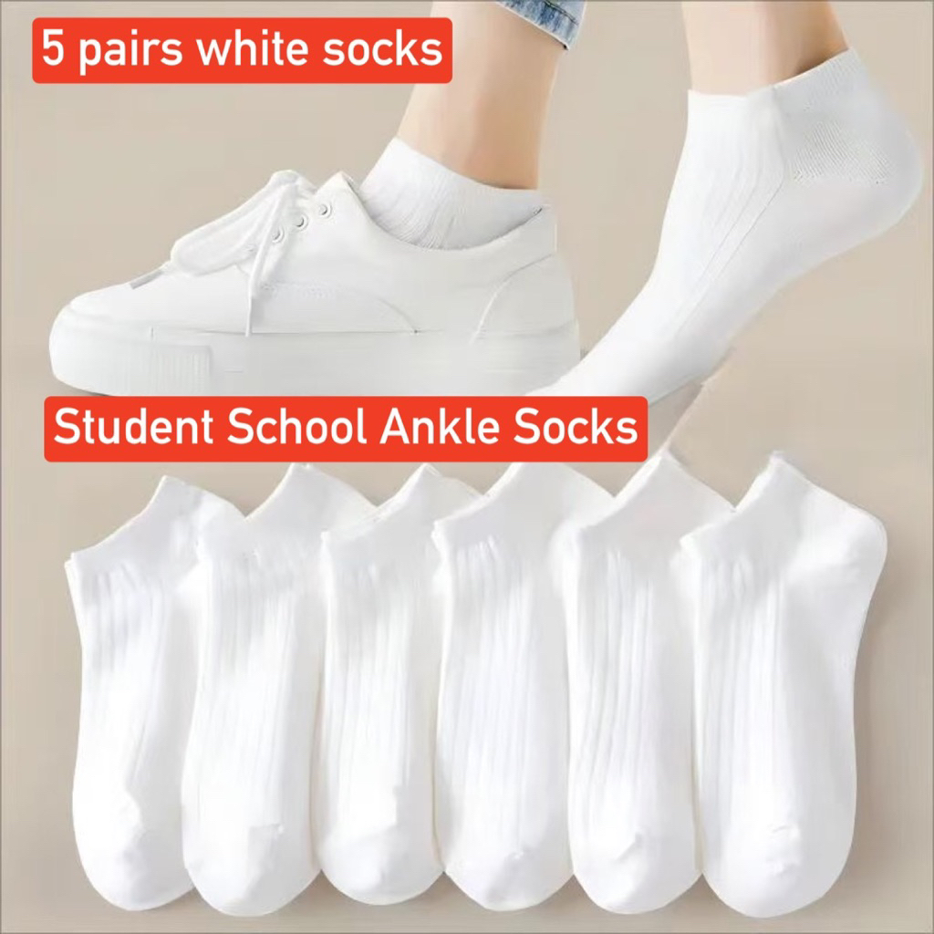 5 pairs with pouch Student White Ankle Socks School Socks | Shopee ...