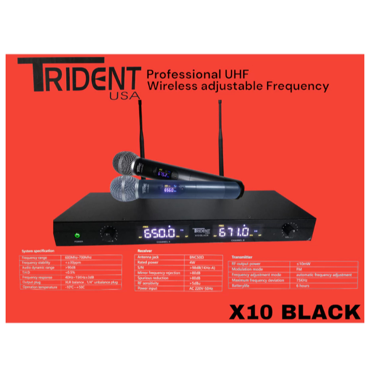 Trident X10 UHF Black Dual Wireless Microphone Adjustable Frequency ...