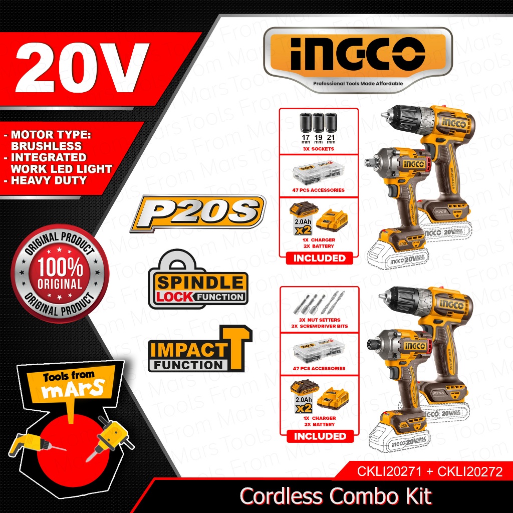 INGCO 2pcs Li-Ion Brushless Cordless Drill | Impact Wrench | Impact ...