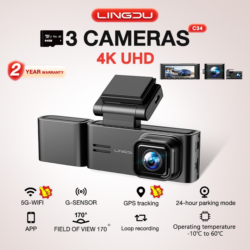 LINGDU C34 4K Dash Camera 5G-WIFI+APP+GPS front, middle and rear camers ...