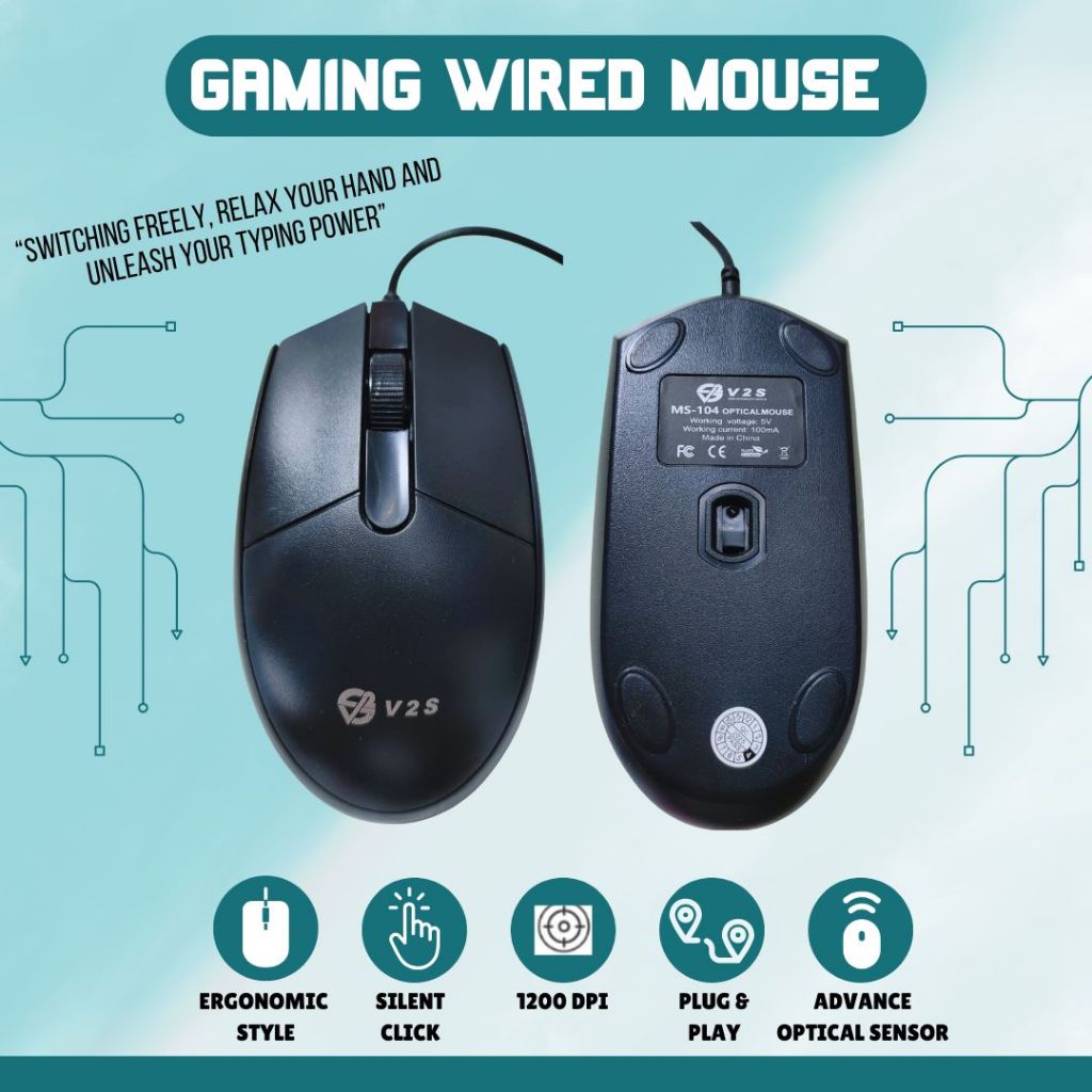 V2S MS-104 Office Gaming Wired Mouse in Optical Ergonomic Classic Style ...