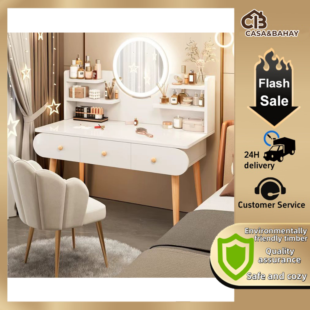 Makeup Vanity Table With Mirror And Light Bedroom Minimalist Modern Ins ...