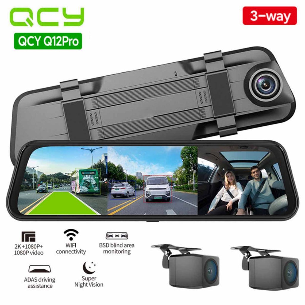 QCY Q12 PRO 9.66" 2K+1080P+1080P 3-Way Recording WiFI Car DVR Rearview ...