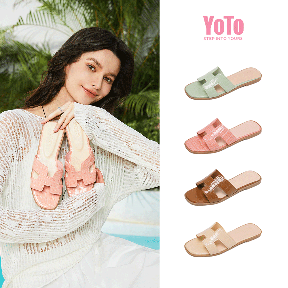 YOTO H Strap Sandals For Women Elegant Crocodile Pattern Leather Soft Sole Summer Beach Slippers ...