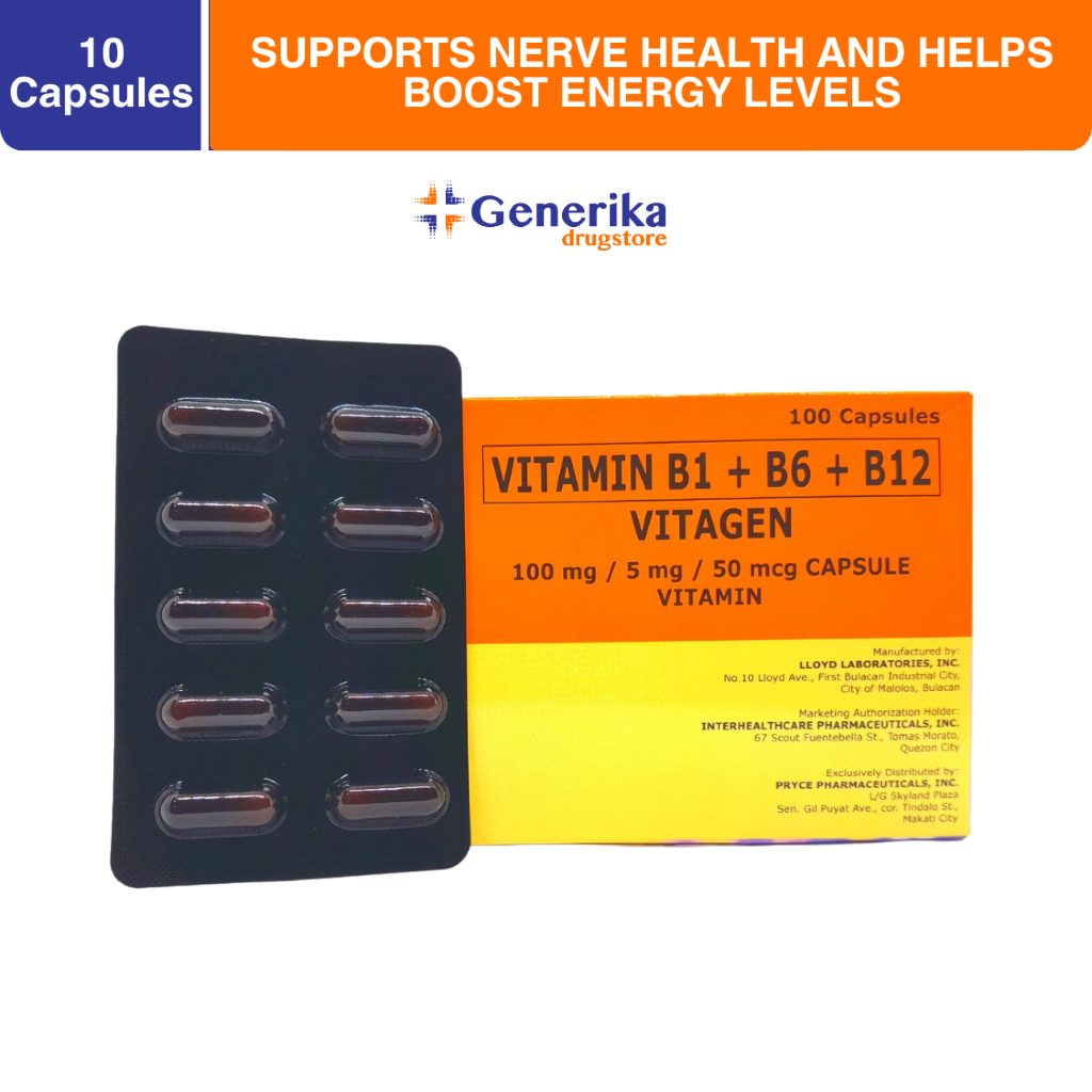 Vitagen Vitamin B1 + B6 + B12 Capsule 100mg/5mg/50mcg- Pack of 10 ...