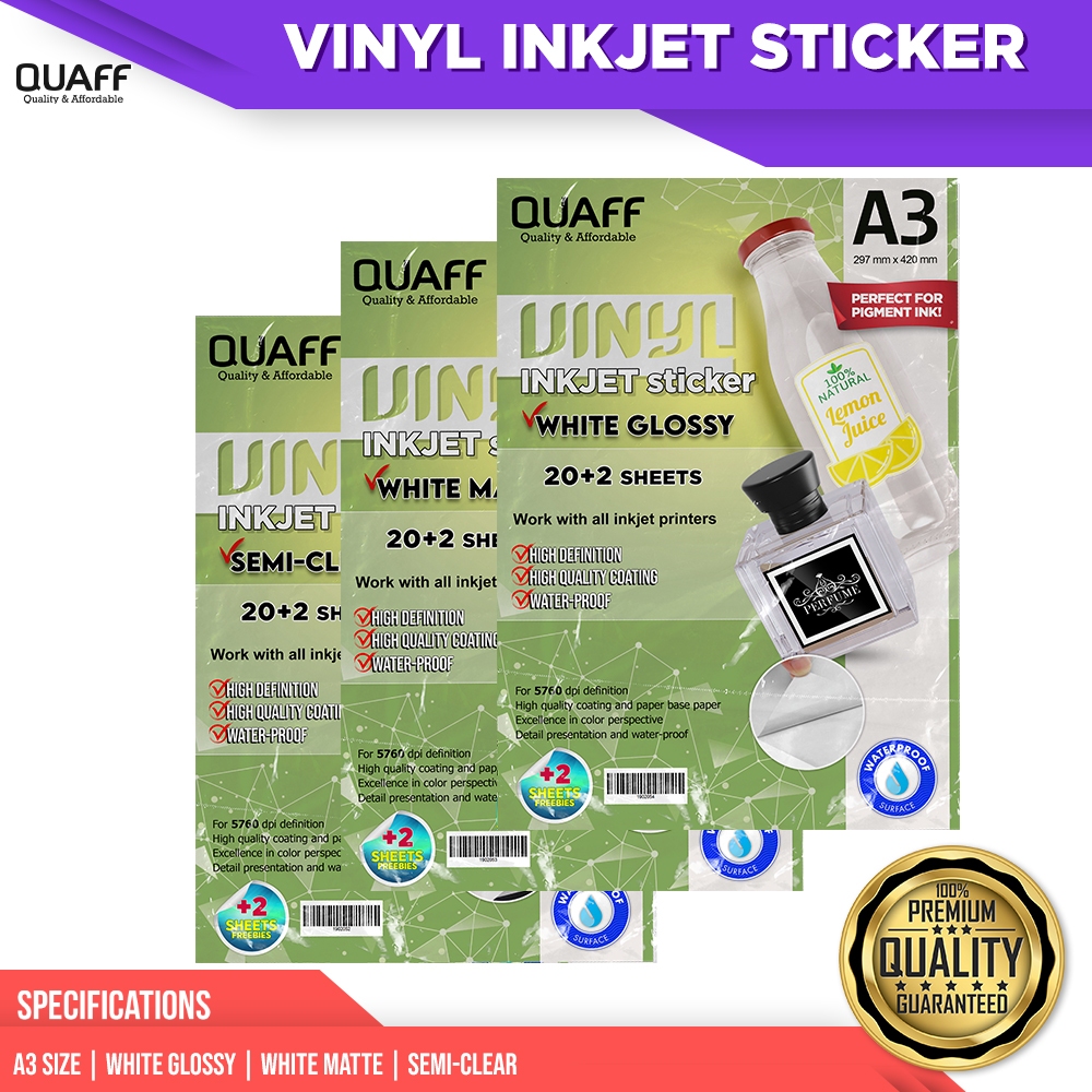 QUAFF Waterproof Vinyl Inkjet Sticker Paper Semi Clear | White Matte ...
