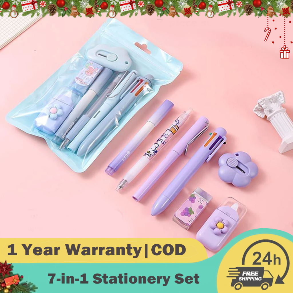 7Pcs/Set Stationery Ballpen Pencil Eraser Highlighter Knife Correction ...