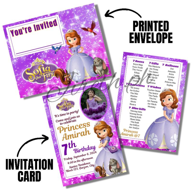 SOFIA THE FIRST Invitation Card for Birthday or Christening with printed envelope (FREE LAYOUT ...