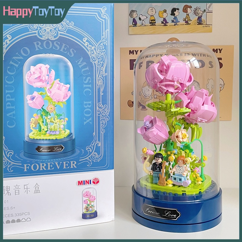 Rose Music Box Flower Series Building Blocks Toys with LED Light Figure ...