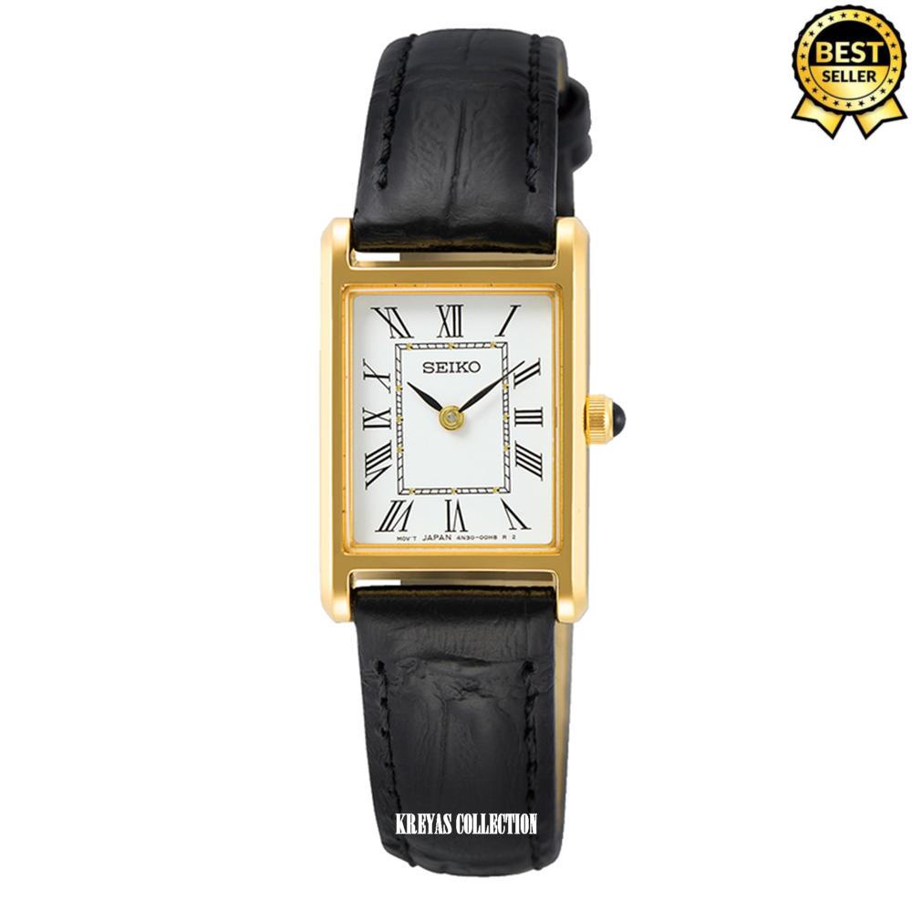 Seiko SWR Roman Numeral Classic Rectangle White DIal Gold Case Leather ...