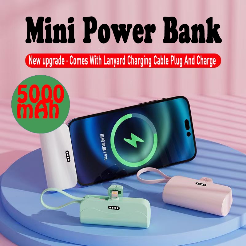 2in1 5000mah Mini Fast Charging Portable Power Bank w/ Built-in Cable ...