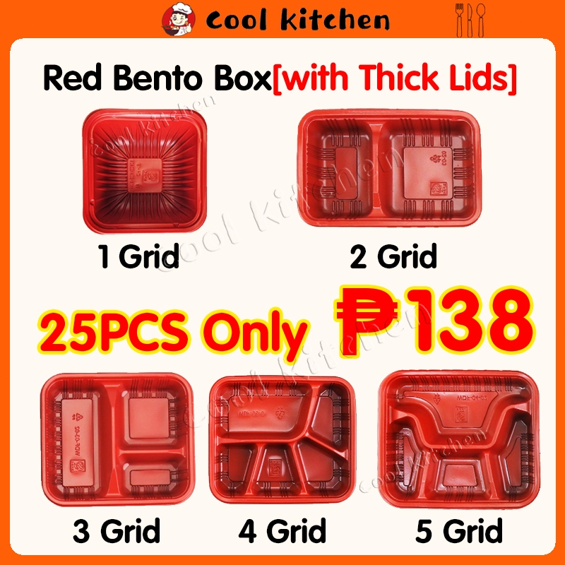 COD (25PCS) Red Bento Box With Back Cover 1/2/3/4/5 Grid Partition ...