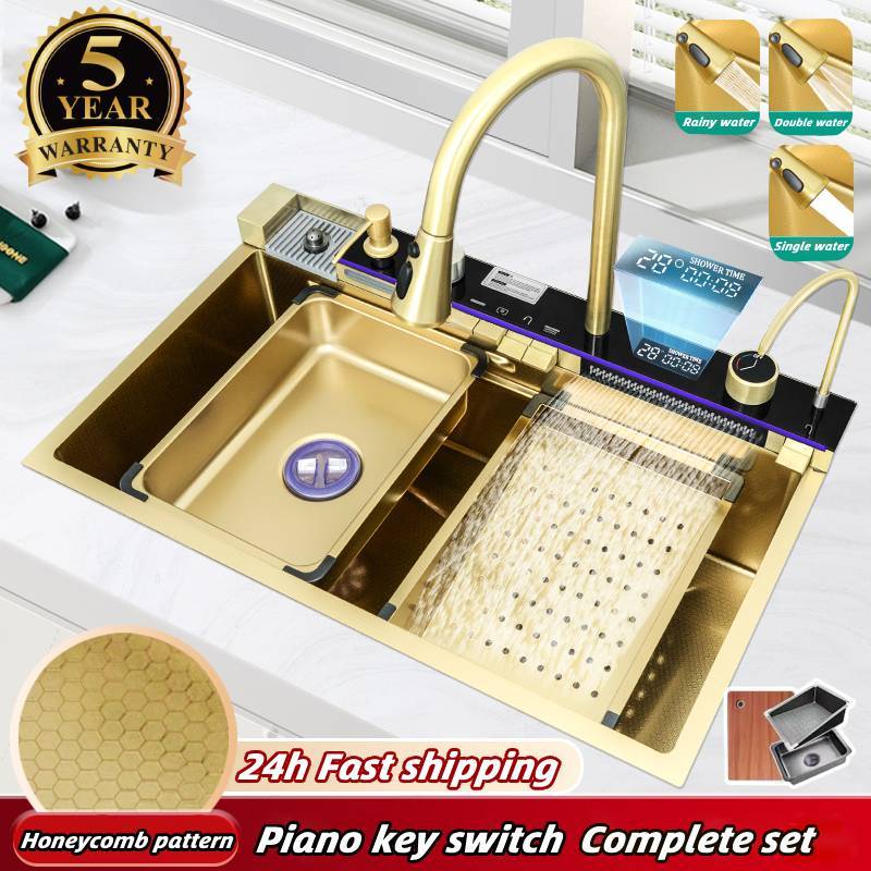 Golden Digital Display Kitchen Sink Honeycomb Embossed Lababo Kitchen ...