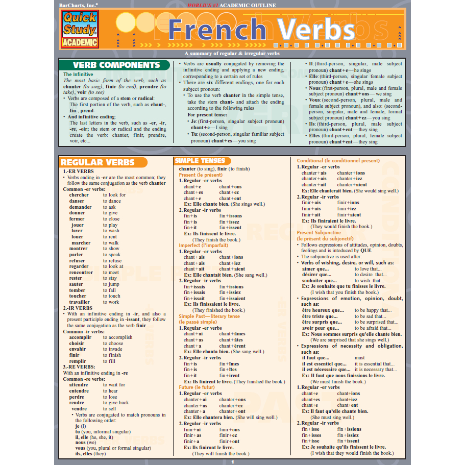 Quick Study French Verbs | Laminated | Shopee Philippines