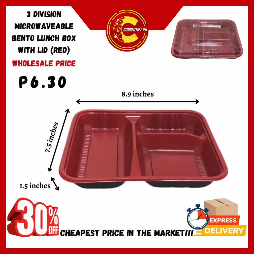[200PCS] 3 DIVISION RED BENTO LUNCH BOX | Shopee Philippines