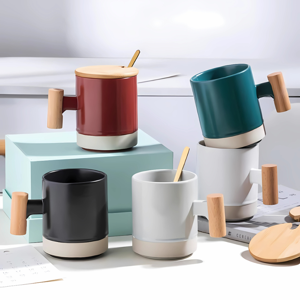 380 ml-Japanese Style Wooden Handle Porcelain Mugs with LID and Spoon ...