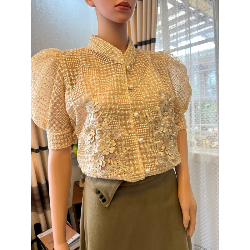 Filipiniana Modern Blouse Chinese Collar Puff Sleeve with 3D Applique ...