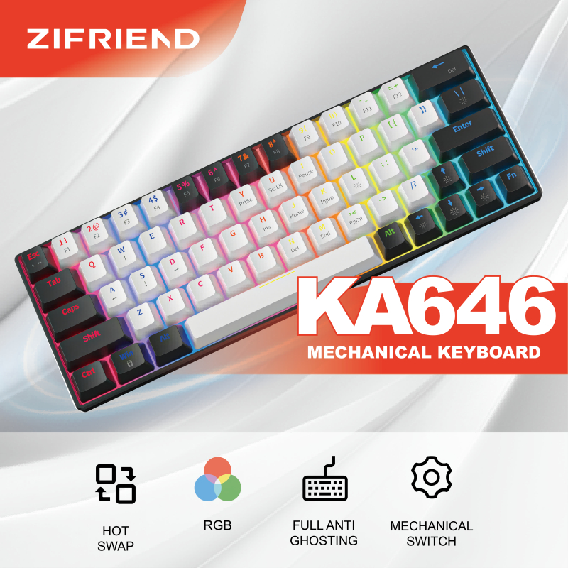 ZIFRIEND KA646 Mechanical Keyboard 64 Keys Rainbow Backlit Blue Red ...