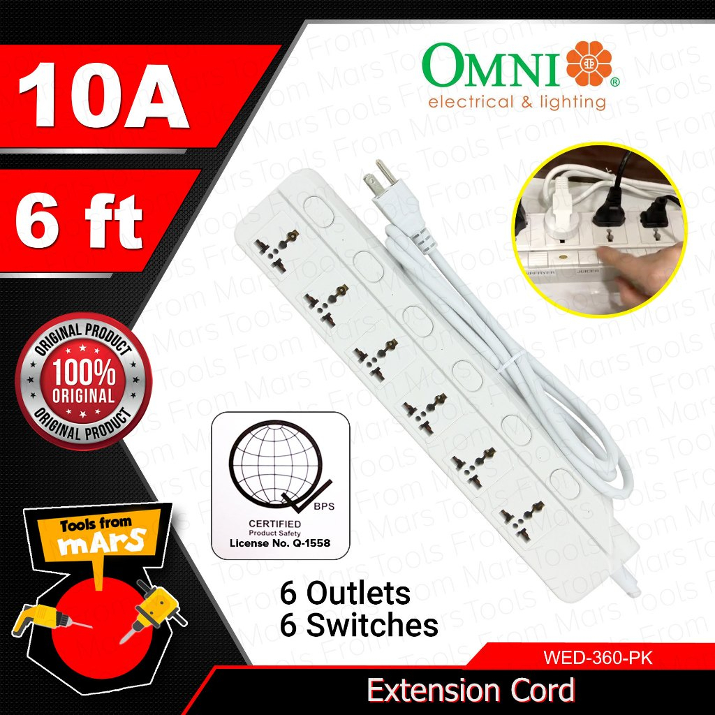 Omni Extension Cord Set with Individual Switch 6 Gang Universal Outlet ...