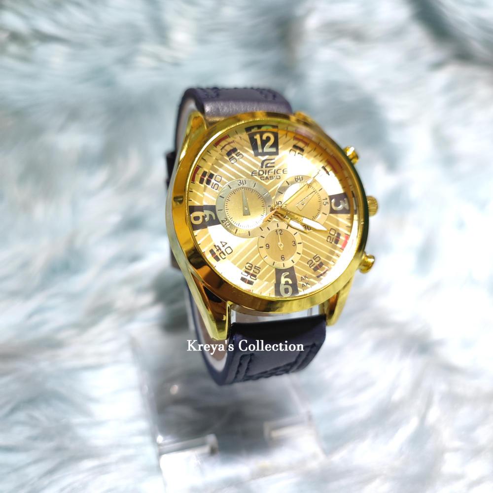 Casio Leather Stitch Edifice 3 Chronograph Gold Dial Leather Strap ...