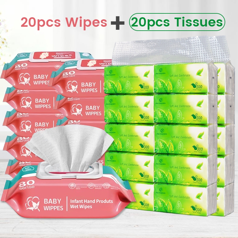 40PCS Combo Unscented 20 packs Wipes 80 sheets Baby Wipes and 20pcs ...