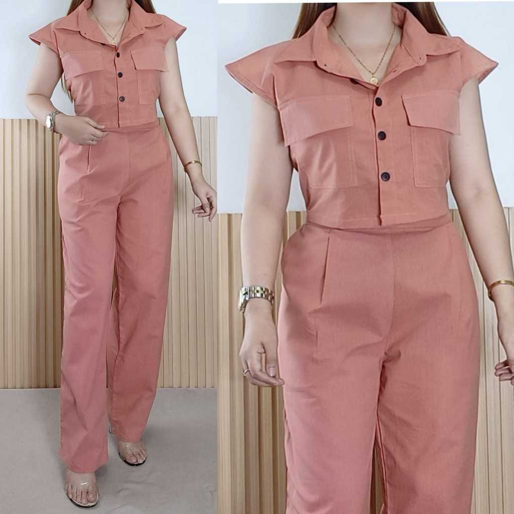 ATtrendS MARTINA COORDS PANTS Plain Linen Polo Crop Top & Highwaist ...