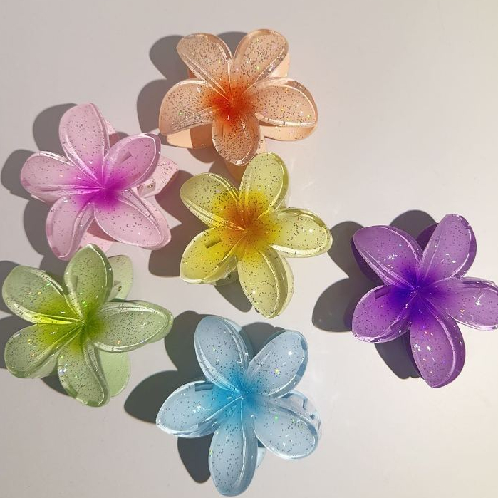 Giltter Plumeria Flower Hair Clamp for Woman Colorful Hawaii Hair Claw ...