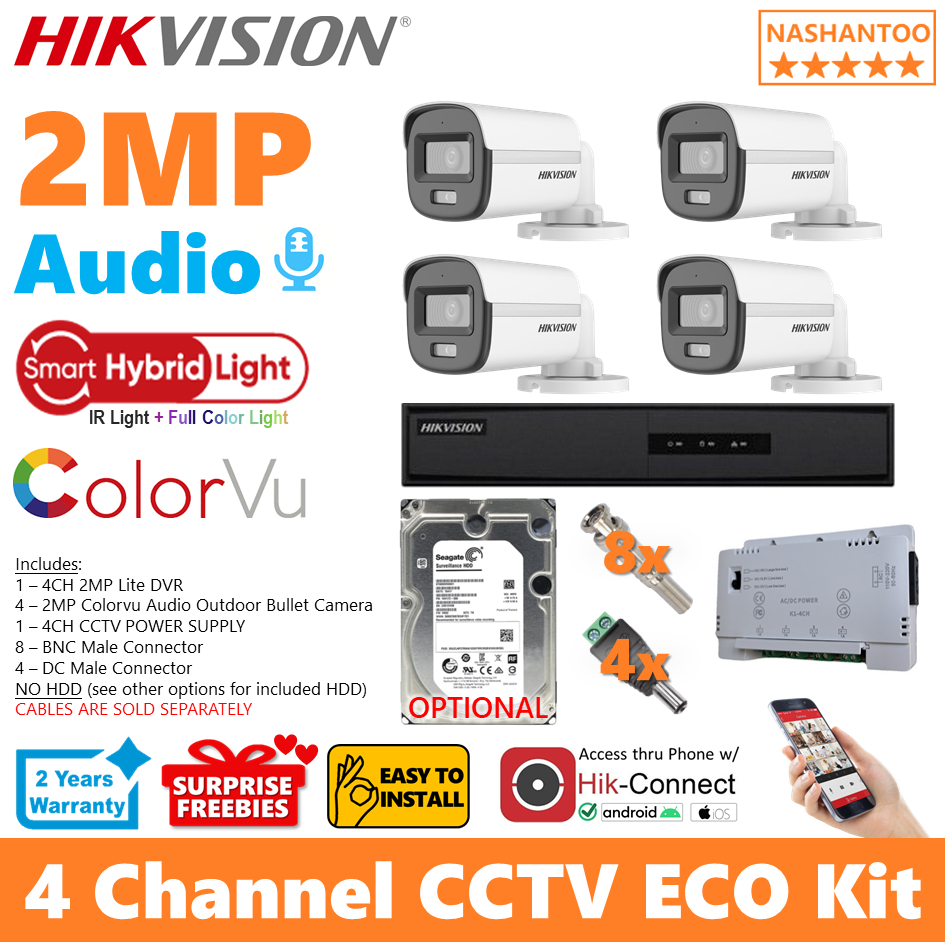Hikvision 4CH 2MP Colorvu Audio 4Camera Outdoor DIY CCTV Package Kit 4/4CRA2 ECO-HKPS(4B ...