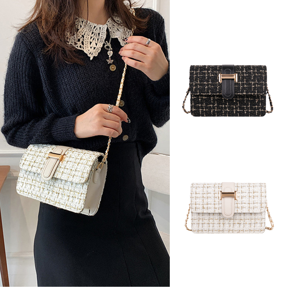 Women's Tweed Purses PU Leather Woolen Chain Satchel Shoulder Bag Tote ...