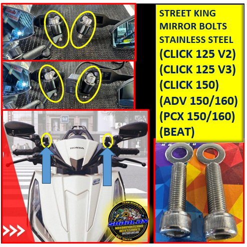 Street King Side Mirror Bolts Stainless for HONDA CLICK 125/150, ADV ...