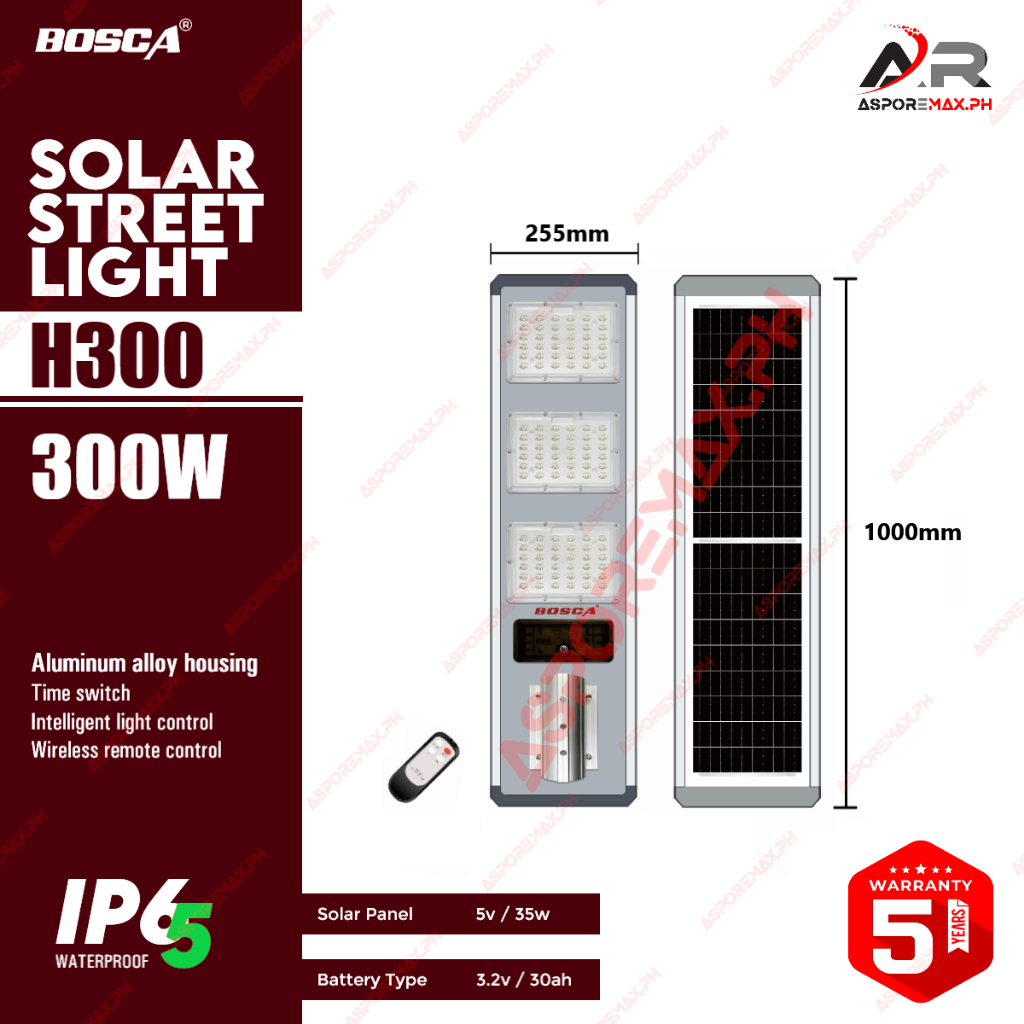 Bosca Solar Street Light H-Series 300W IP65 Waterproof Full Light ...