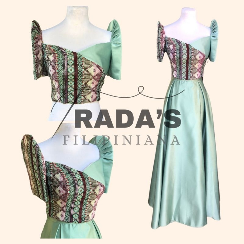 Modern Filipiniana Ethnic with Pleated Skirt Sage Green | Shopee ...