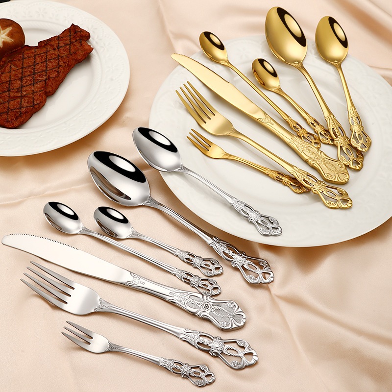 12-24pcs Stainless Steel Gold-Plated Spoon and Fork Western Style Hotel ...
