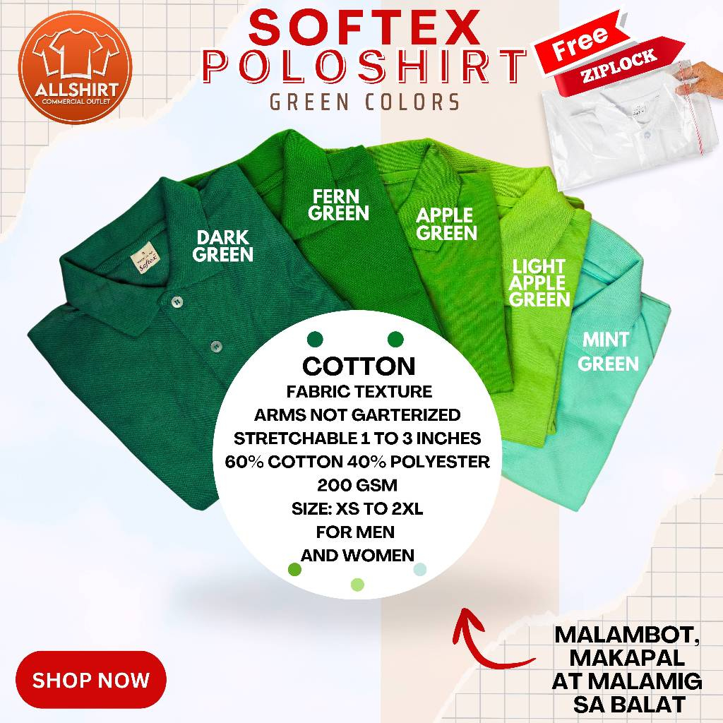 FREE ZIPLOCK! SOFTEX Polo Shirt COTTON STYLE GREEN COLORS Plain Unisex ...