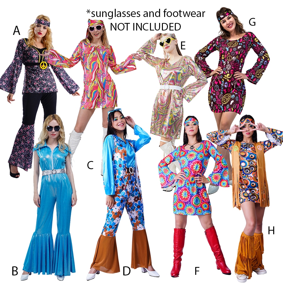 Hippie Costume for Women Sixties Seventies Disco Cosplay 60s 70s Decade ...