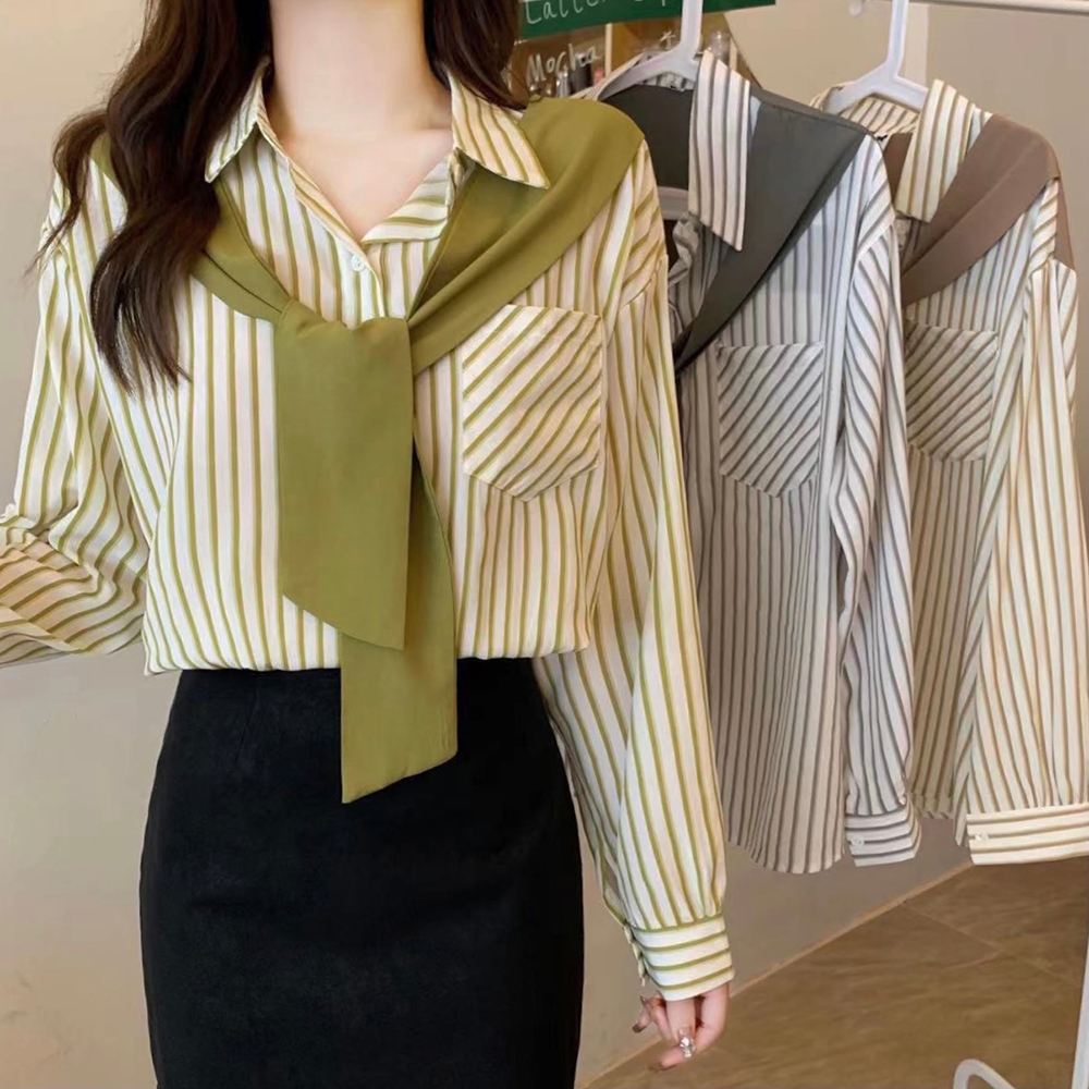 Women's Fashion Striped Long Sleeve Shirt Office POLO Collar Loose Fake ...